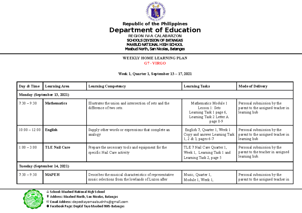 This is a Weekly Home Learning Plan for Q1 Week 1 - Department of ...