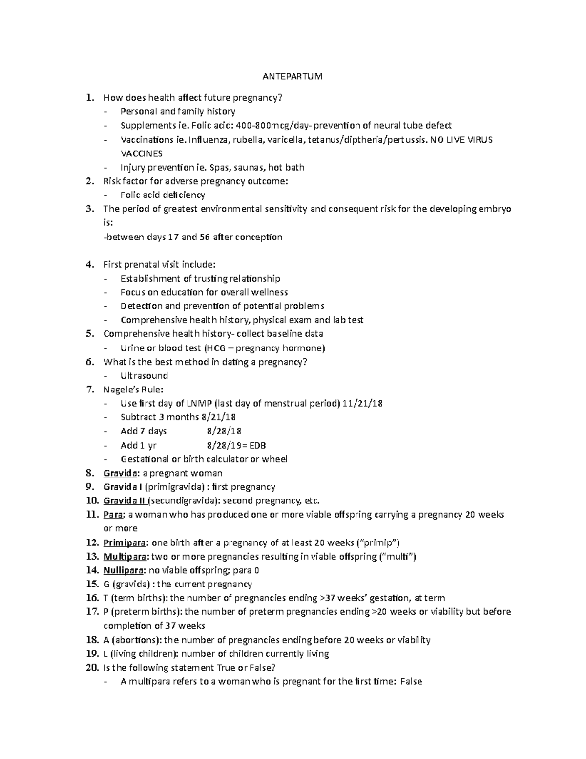 Antepartum - additional study guide for ob - ANTEPARTUM How does health ...