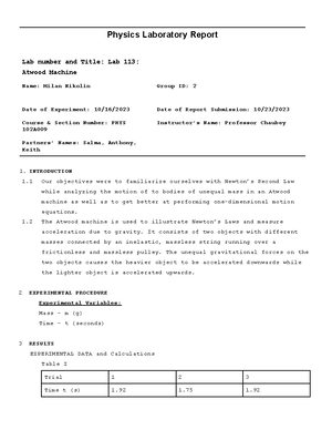 Lab 111 Projectile Motion - Physics Laboratory Report Title (5 points ...