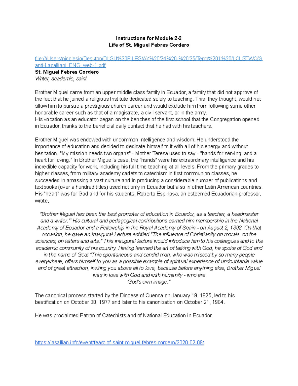 Research Compilation on the Life of a Lasallian Saint - Instructions ...