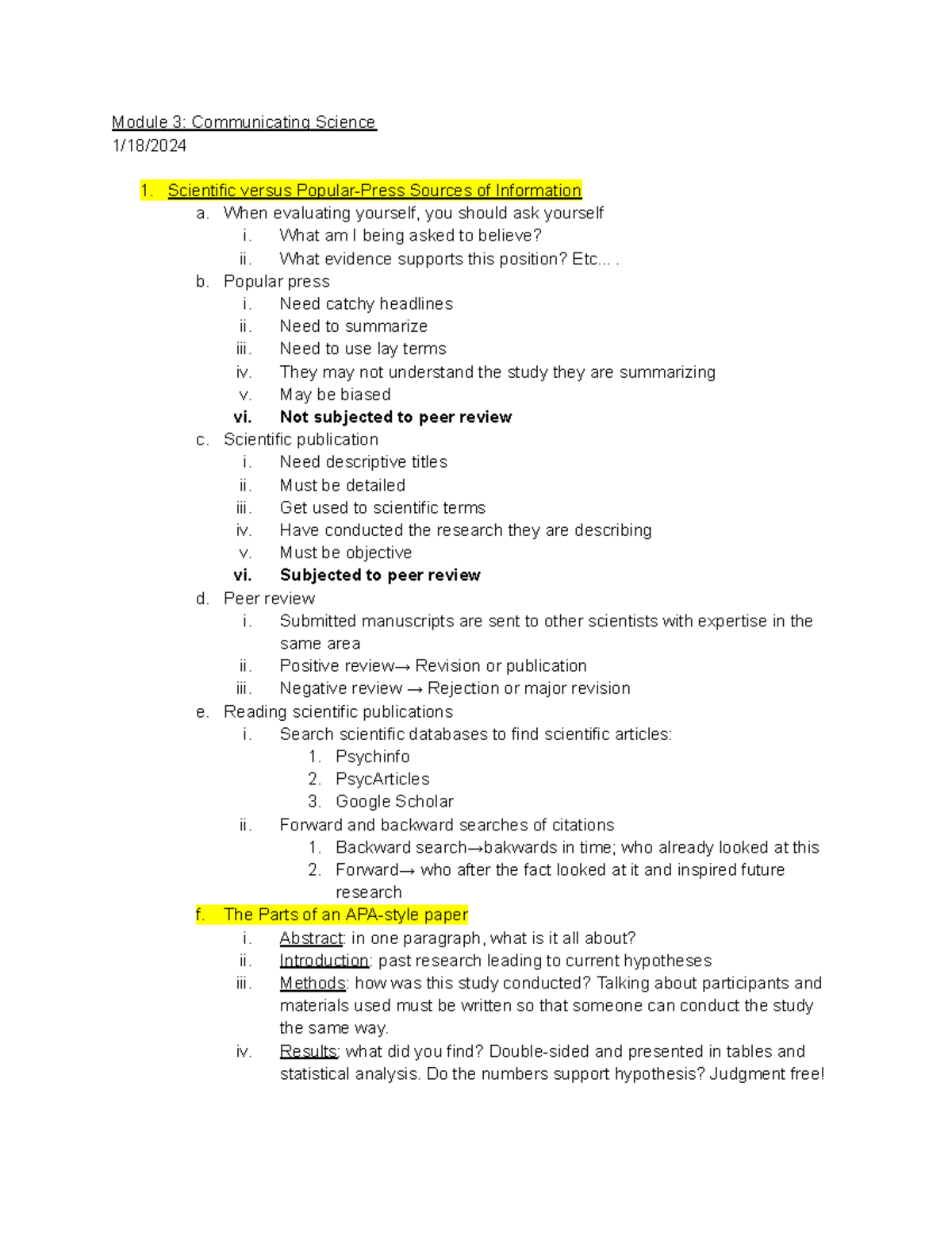 Psy311 - Notes: Modules 3-12 - Module 3: Communicating Science 1/18/ 1 ...
