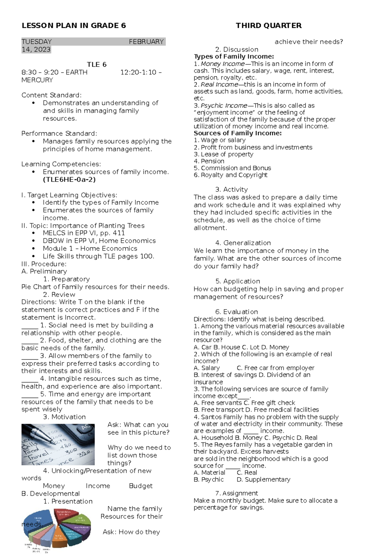 DLP-EPP 6 - WEEK 1 - DAY 2 - 3RD Quarter - LESSON PLAN IN GRADE 6 THIRD QUARTER TUESDAY FEBRUARY ...