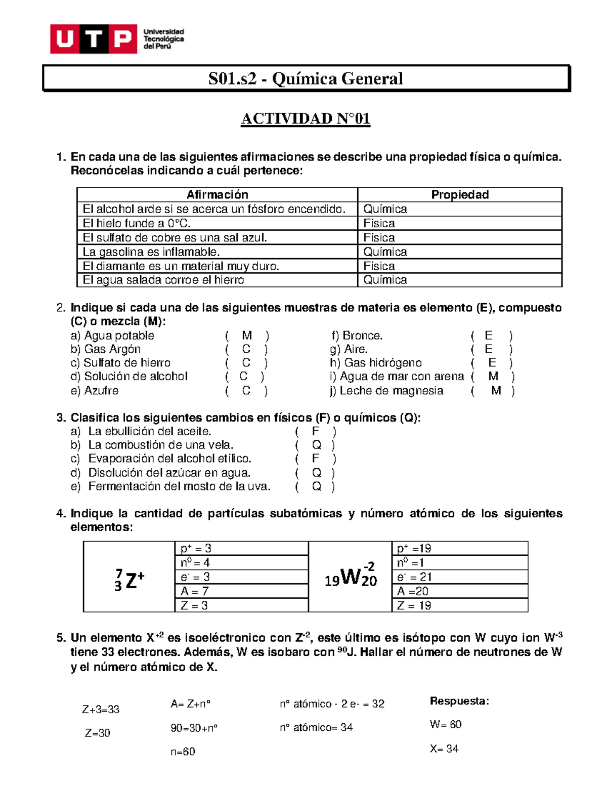 Ejercicios S01.s1 quimica - S01 - Química General ACTIVIDAD N° 1. En ...