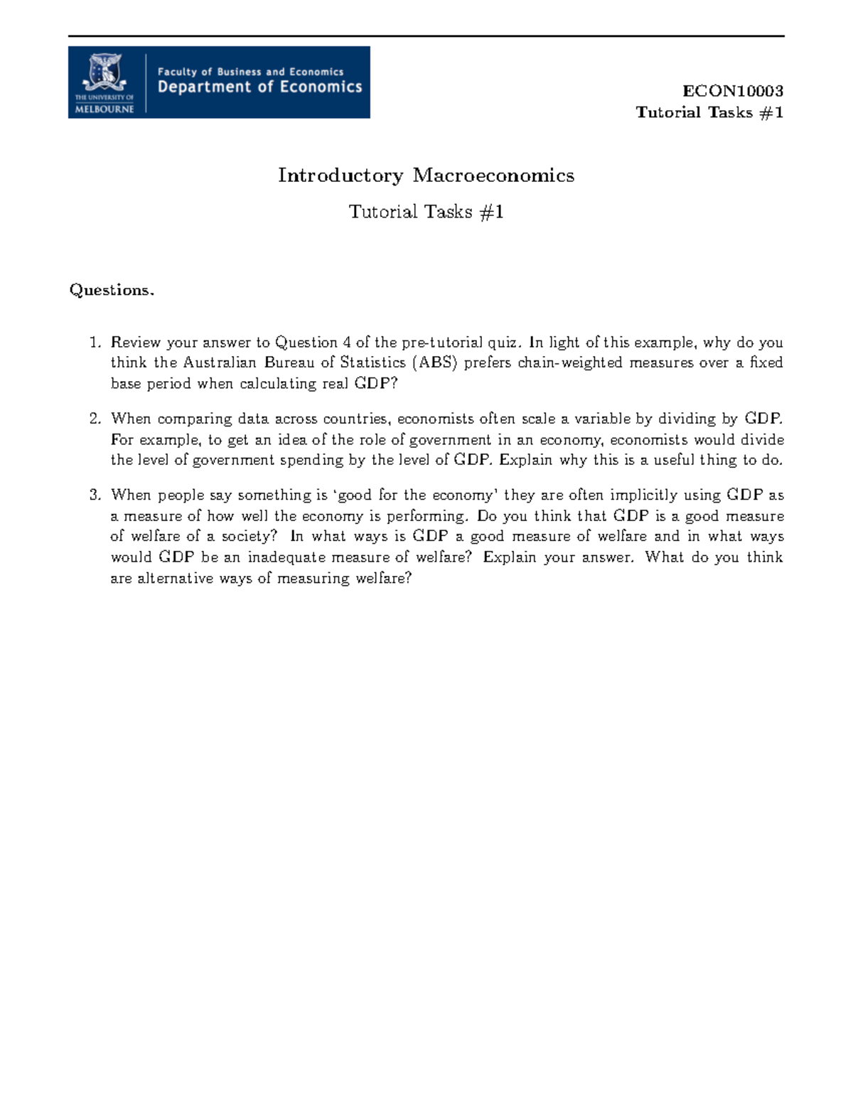 Tutorial Tasks 1 Solutions 1 Econ Tutorial Tasks Introductory Macroeconomics Tutorial Tasks
