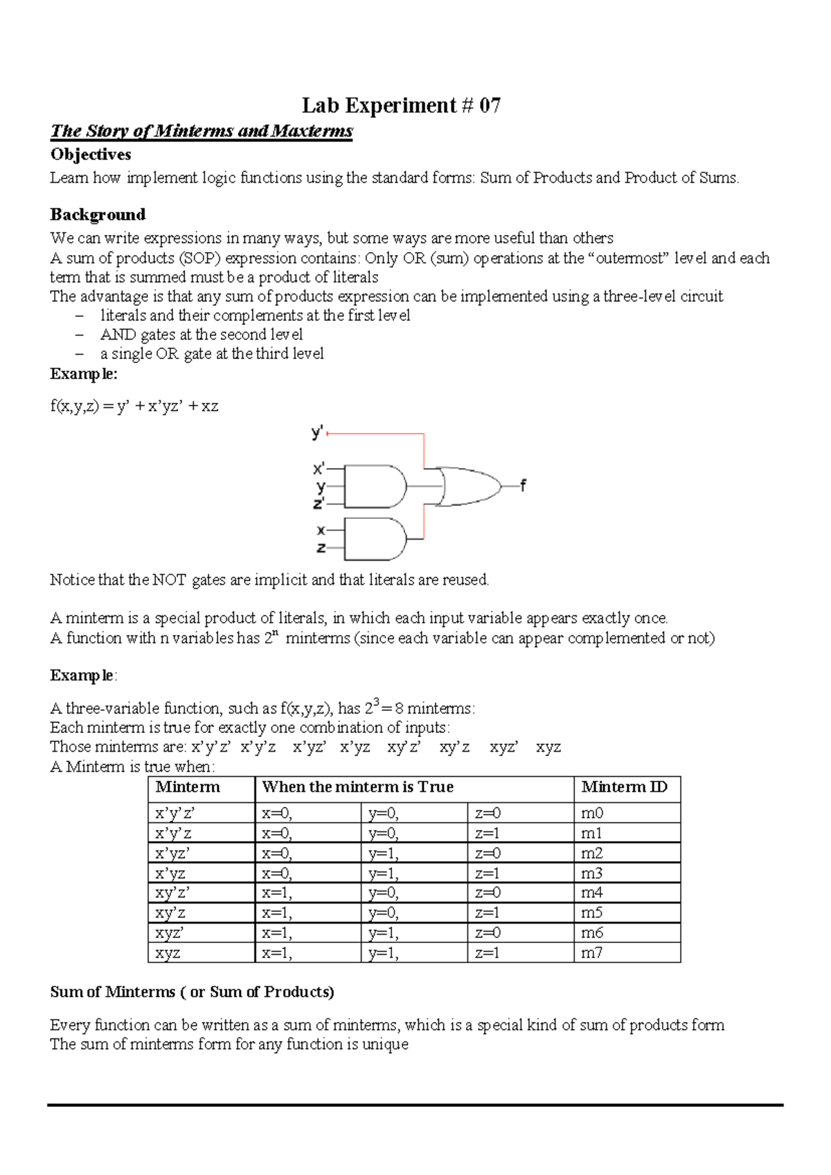 CS302 - Lab Manual - Week No - Lab Experiment # 07 The Story of Minterms and Maxterms Objectives ...