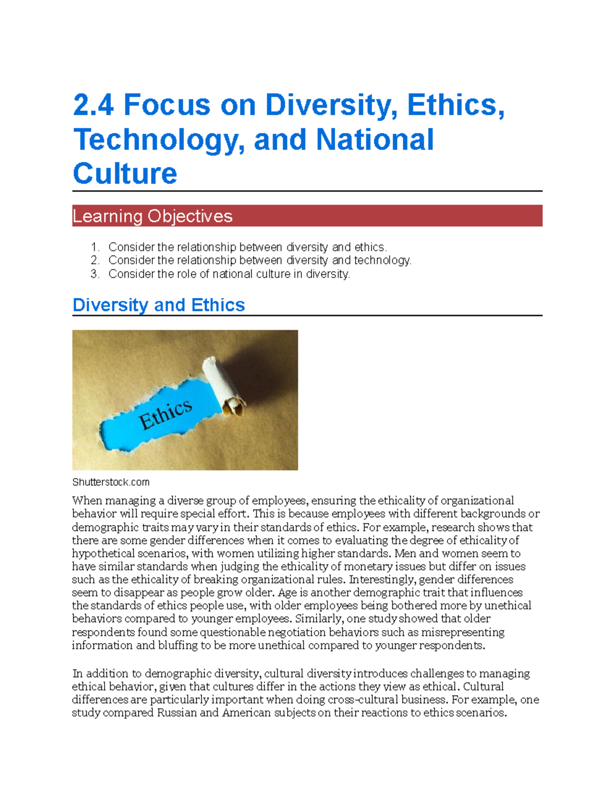 Focus on Diversity, Ethics, Technology, and National Culture ...