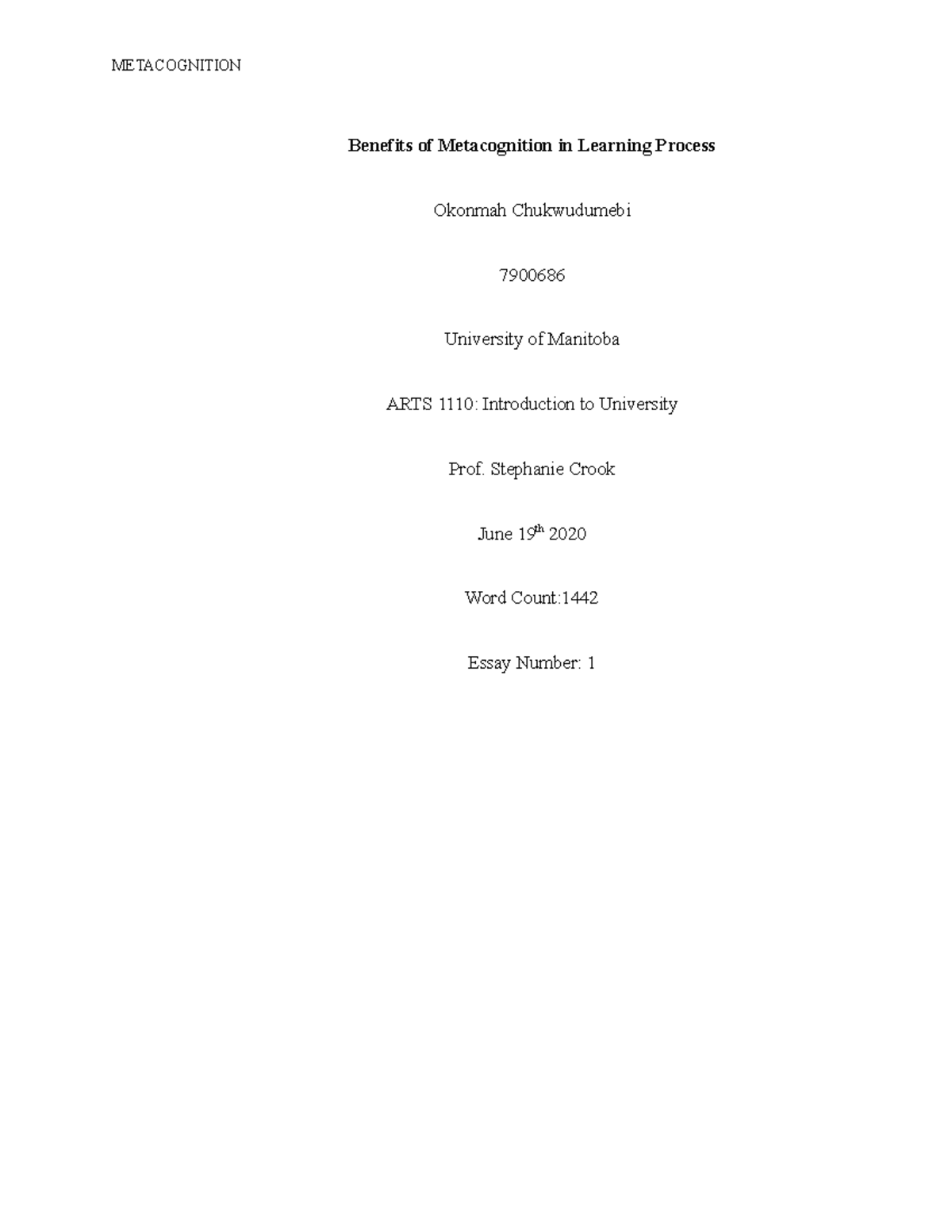 ARTS 1110 1500 words - 1500 word essay - Benefits of Metacognition in ...