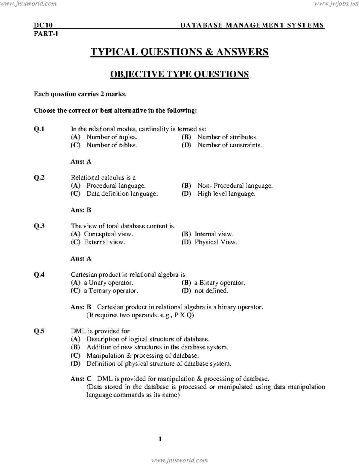 Dbms Objective bits - DC10 DATABASE MANAGEMENT SYSTEMS 1 PART-I TYPICAL ...
