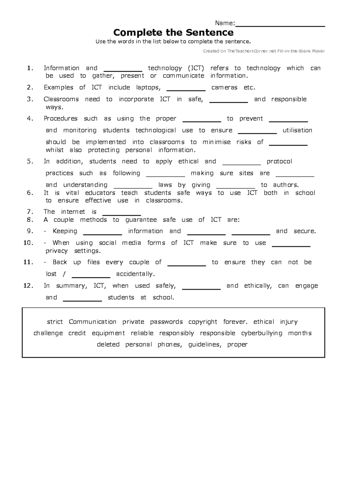 fill in the blank - Complete the Sentence Use the words in the list ...