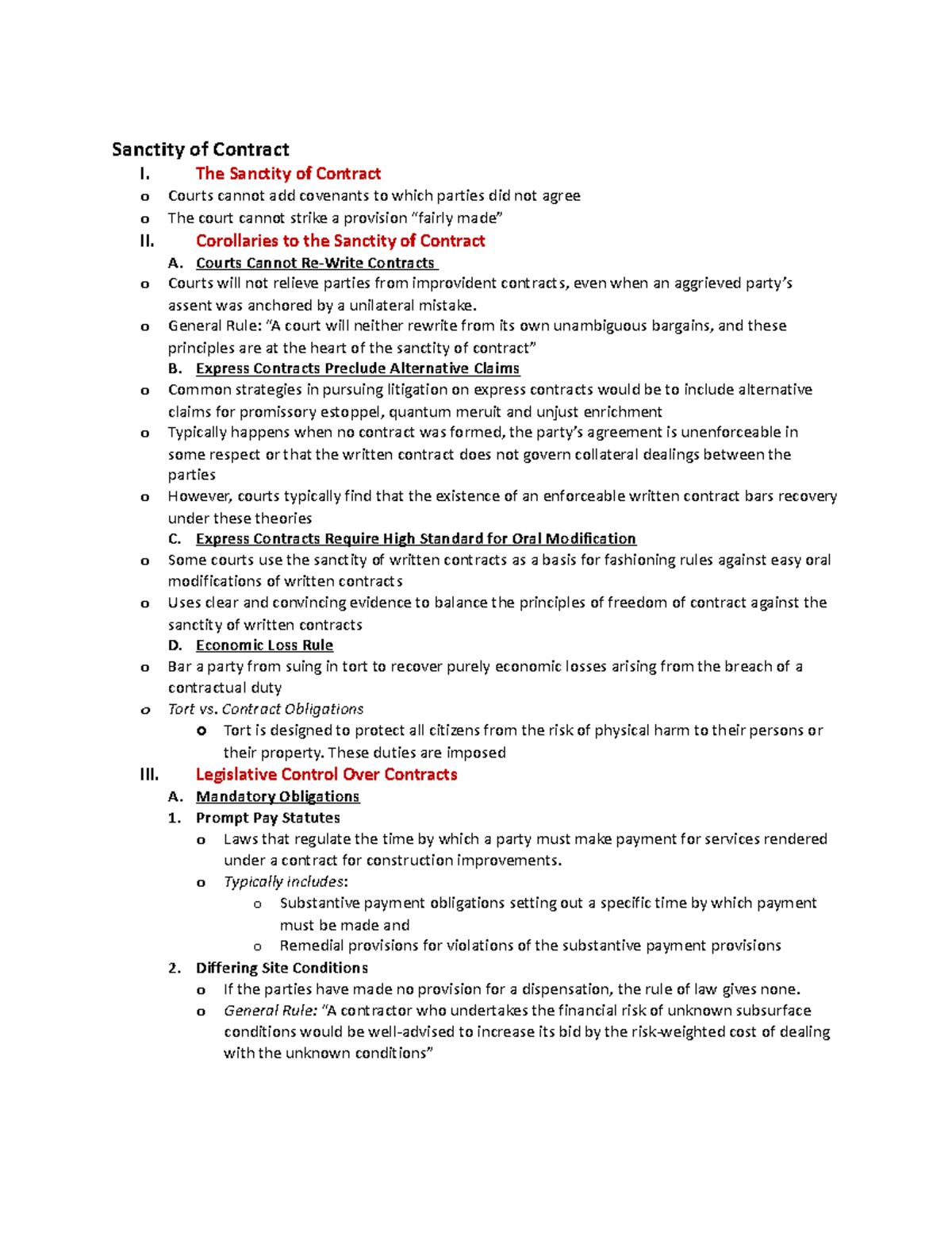 Construction Law - Sanctity of Contract I. The Sanctity of Contract o ...
