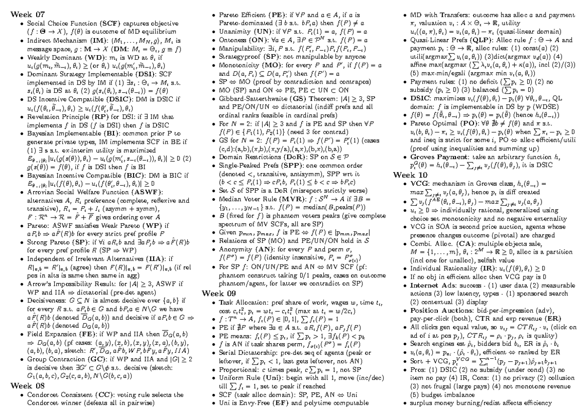 CS 6001 Mechanism Design Cheat Sheet (Part 1) - Week 07 Social Choice ...