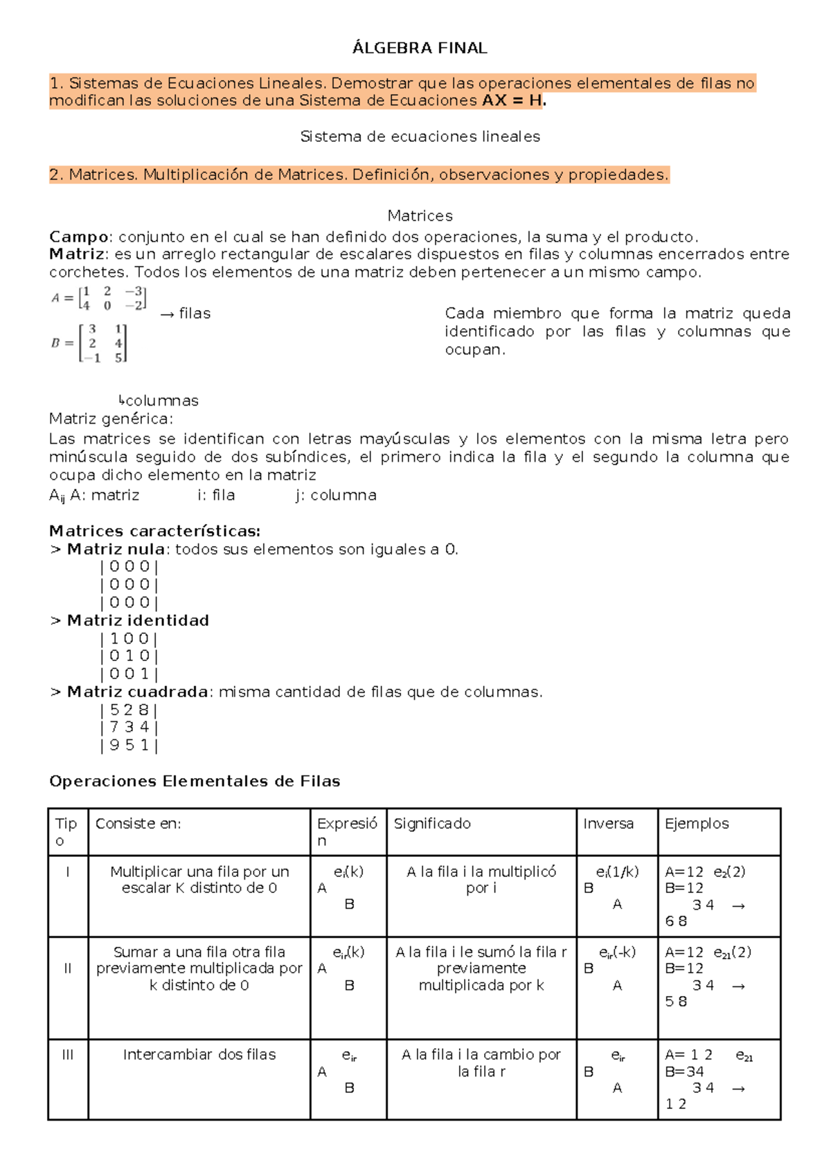 Álgebra Final - Resumen de algebra - ÁLGEBRA FINAL 1. Sistemas de ...