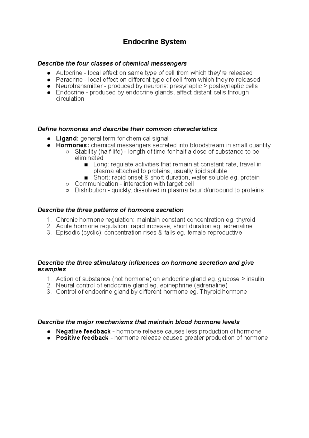 Endocrine System - Lecture Notes - Endocrine System Describe the four ...