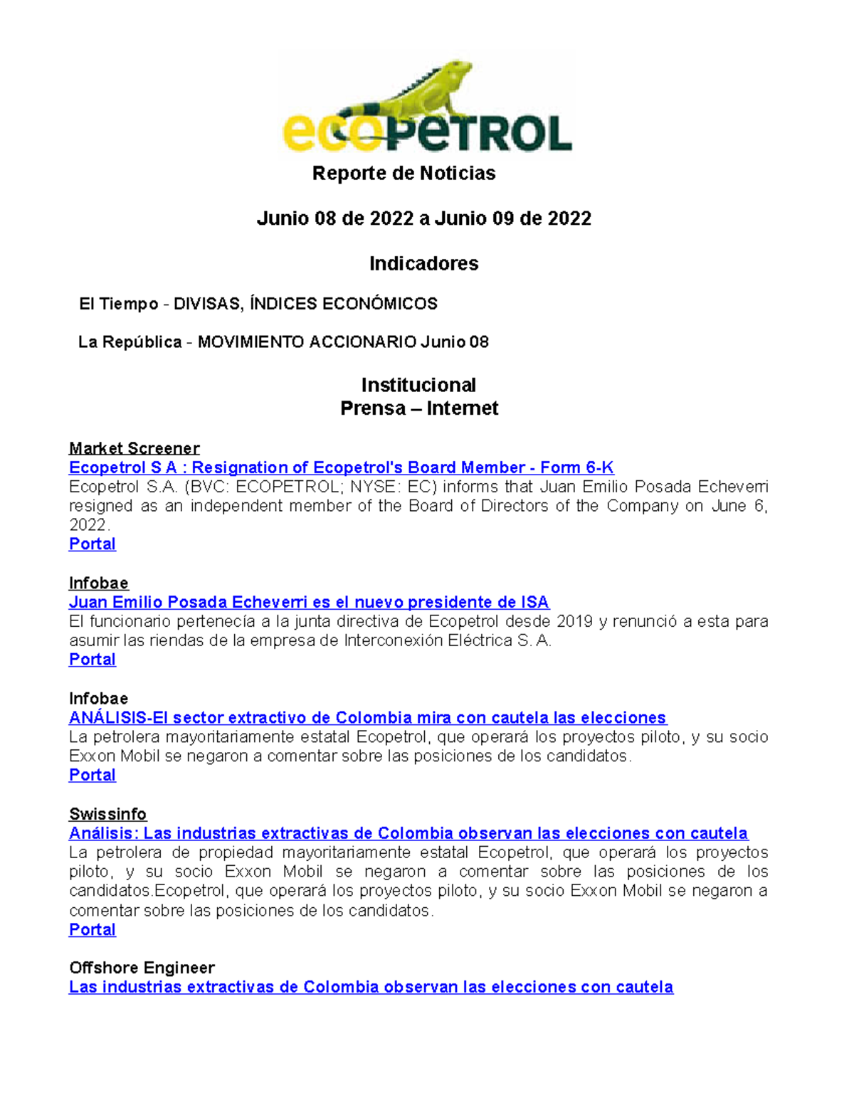 Ecopetrol Reporte de Medios 09-06-2022 7am - Reporte de Noticias Junio 08 de 2022 a Junio 09 de ...