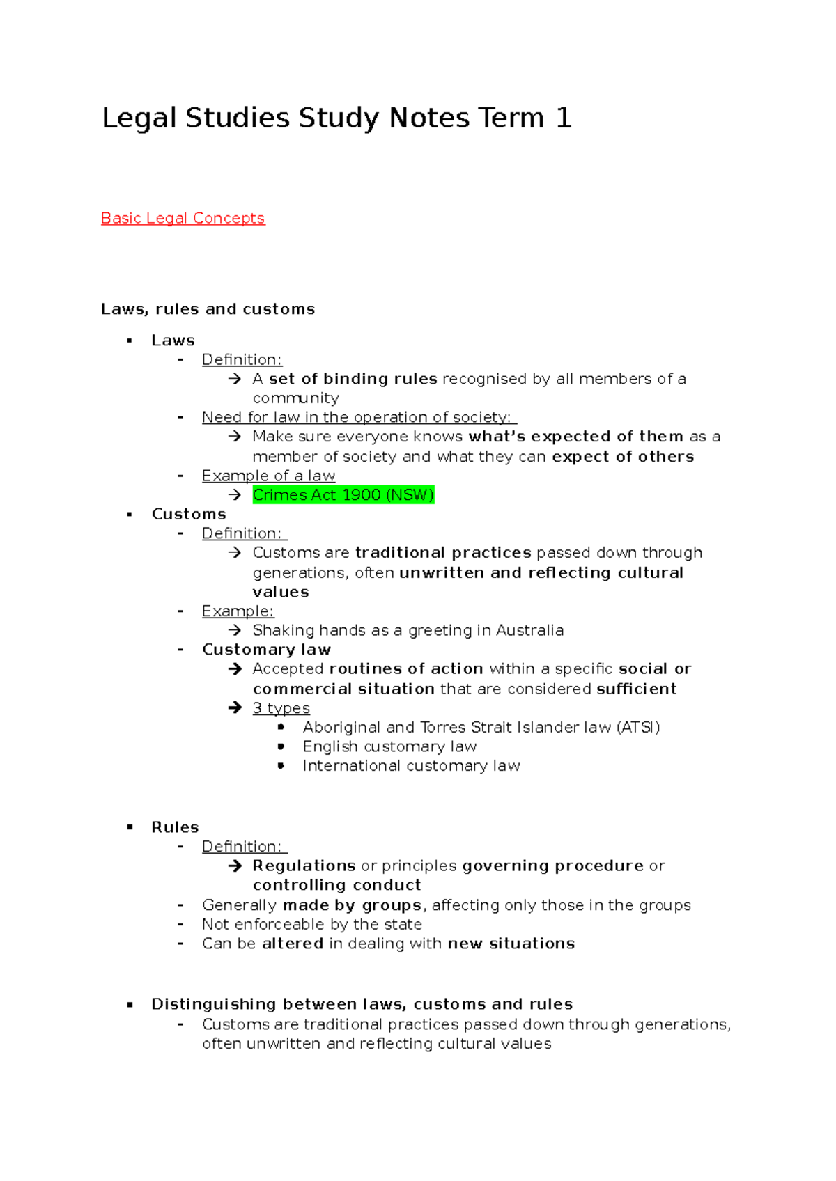 Legal Studies Study Notes TERM 1 - Legal Studies Study Notes Term 1 ...