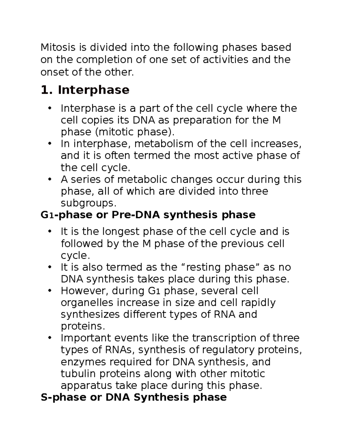 Bio 55 - Notes - Mitosis is divided into the following phases based on ...