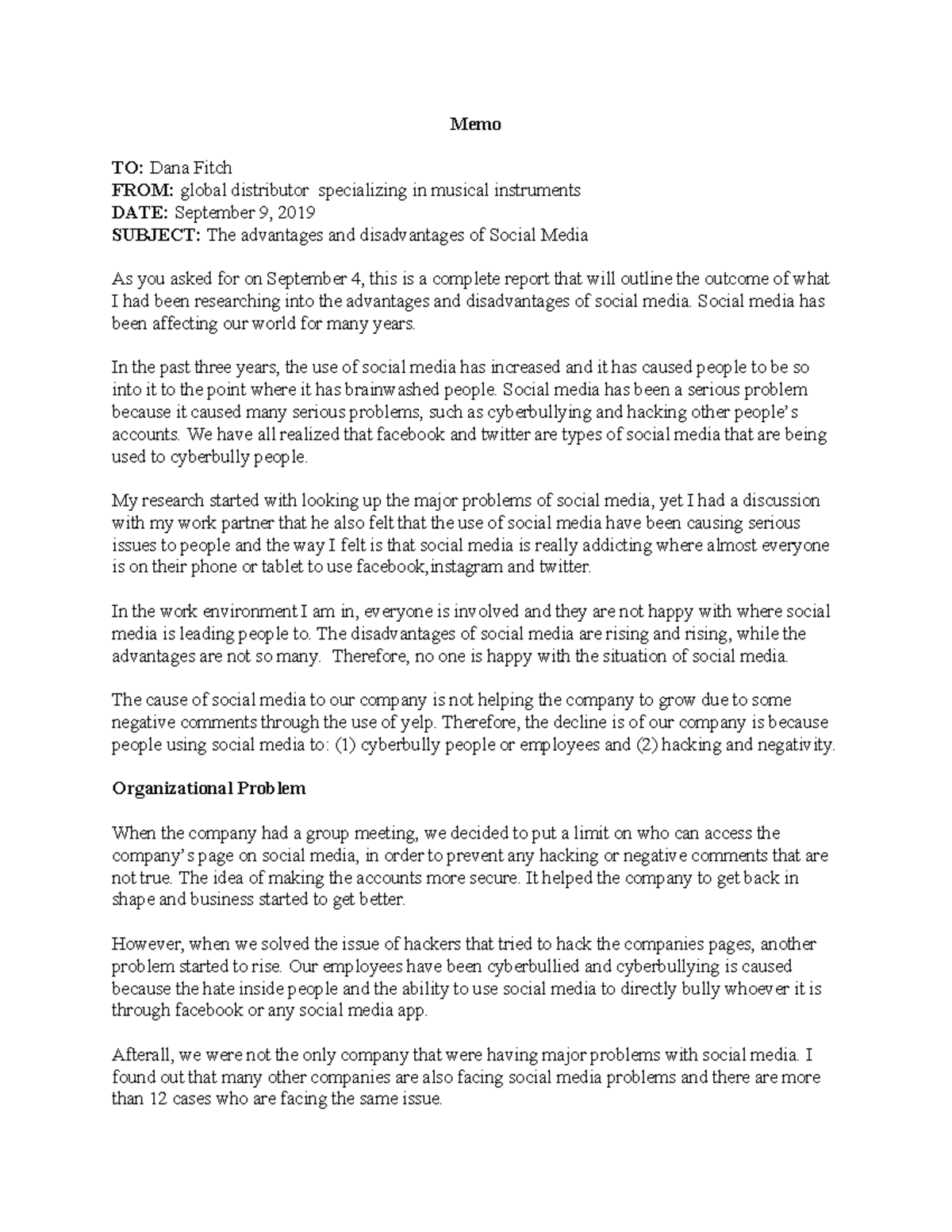 Bus 128 week 3 for the school of grossmont - Memo TO: Dana Fitch FROM ...