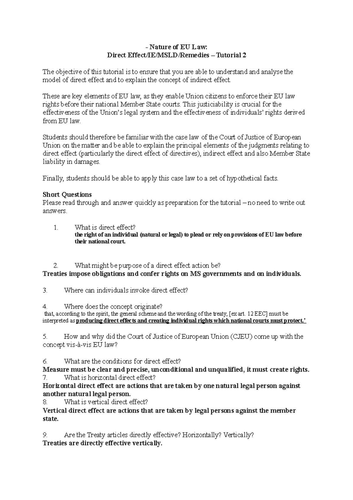 Nature Of Eu Law Lecture Notes Nature Of Eu Law Direct Effect Ie Msld Remedies Tutorial 2