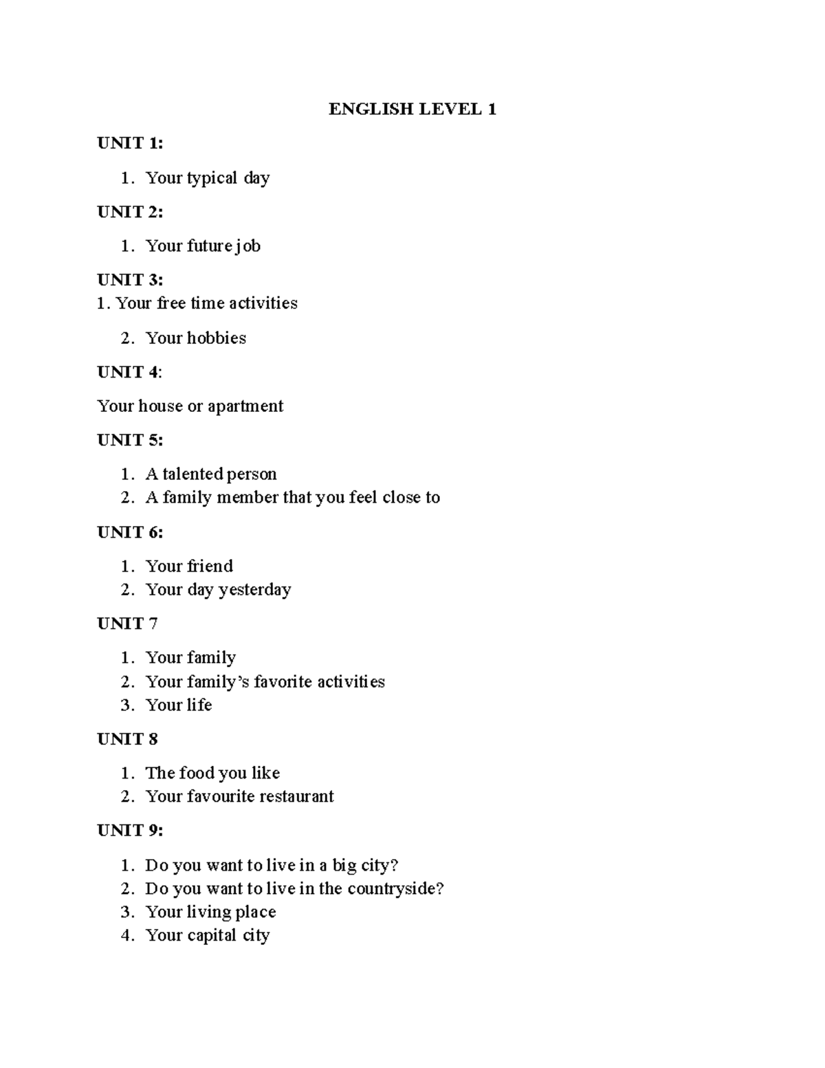 English Level 1 - ASDASDASDAS - ENGLISH LEVEL 1 UNIT 1: Your typical ...