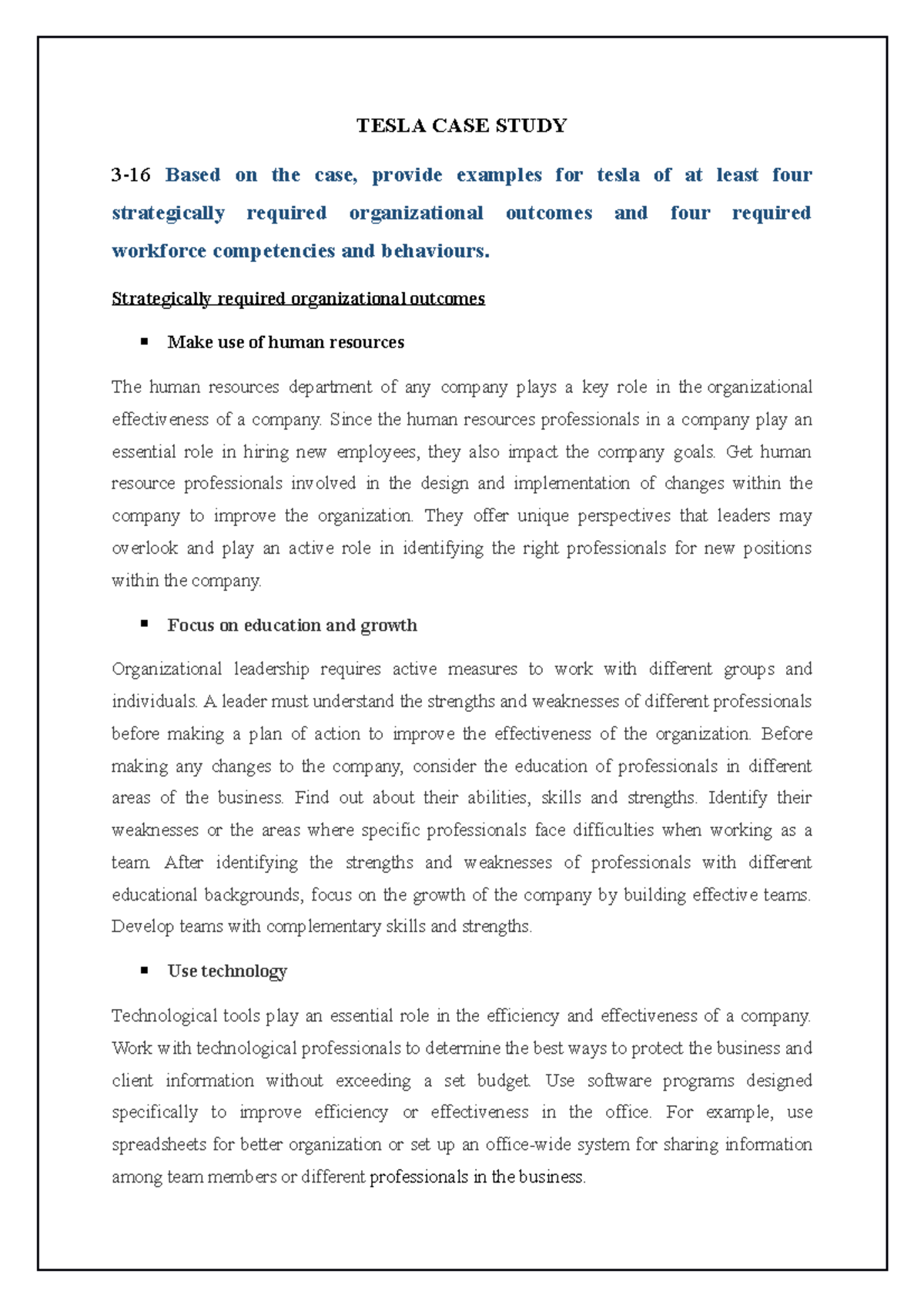 HRM-1 - nothing to say - TESLA CASE STUDY 3-16 Based on the case ...