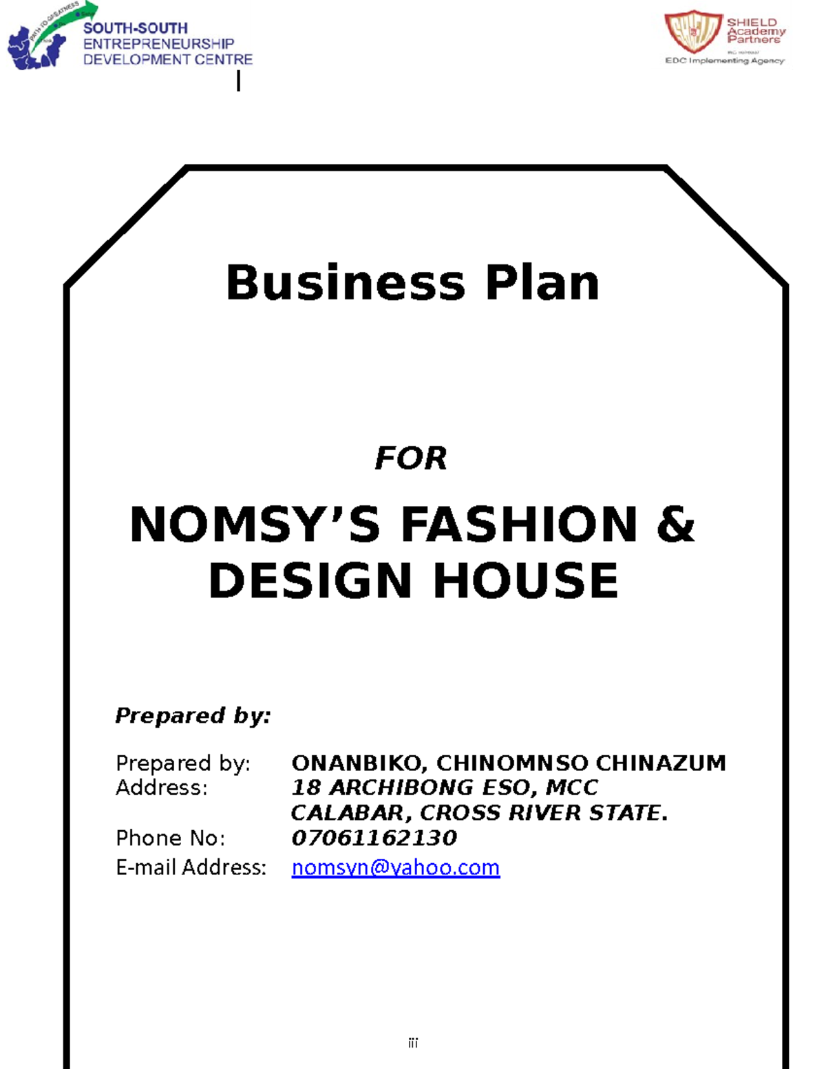 Cover PAGE - Sample material - Business Plan FOR NOMSY’S FASHION ...