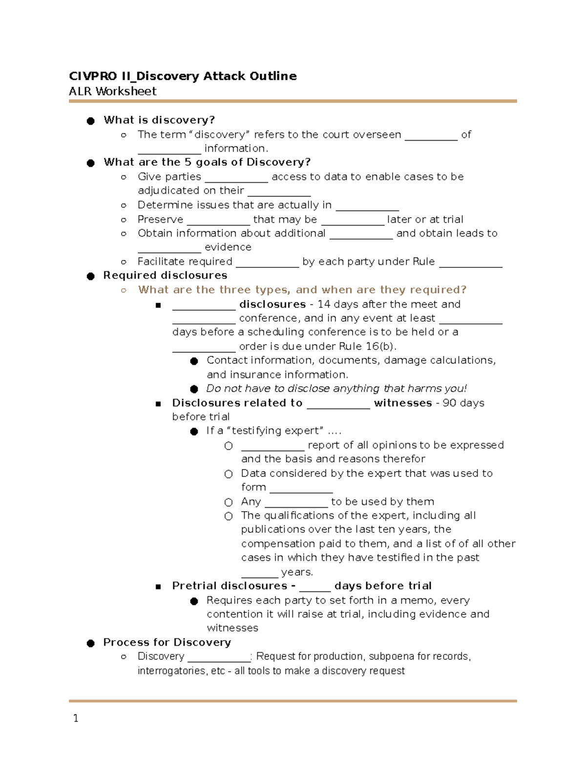 Discovery Attack Outline Worksheet - CIVPRO II_Discovery Attack Outline ALR Worksheet What is ...