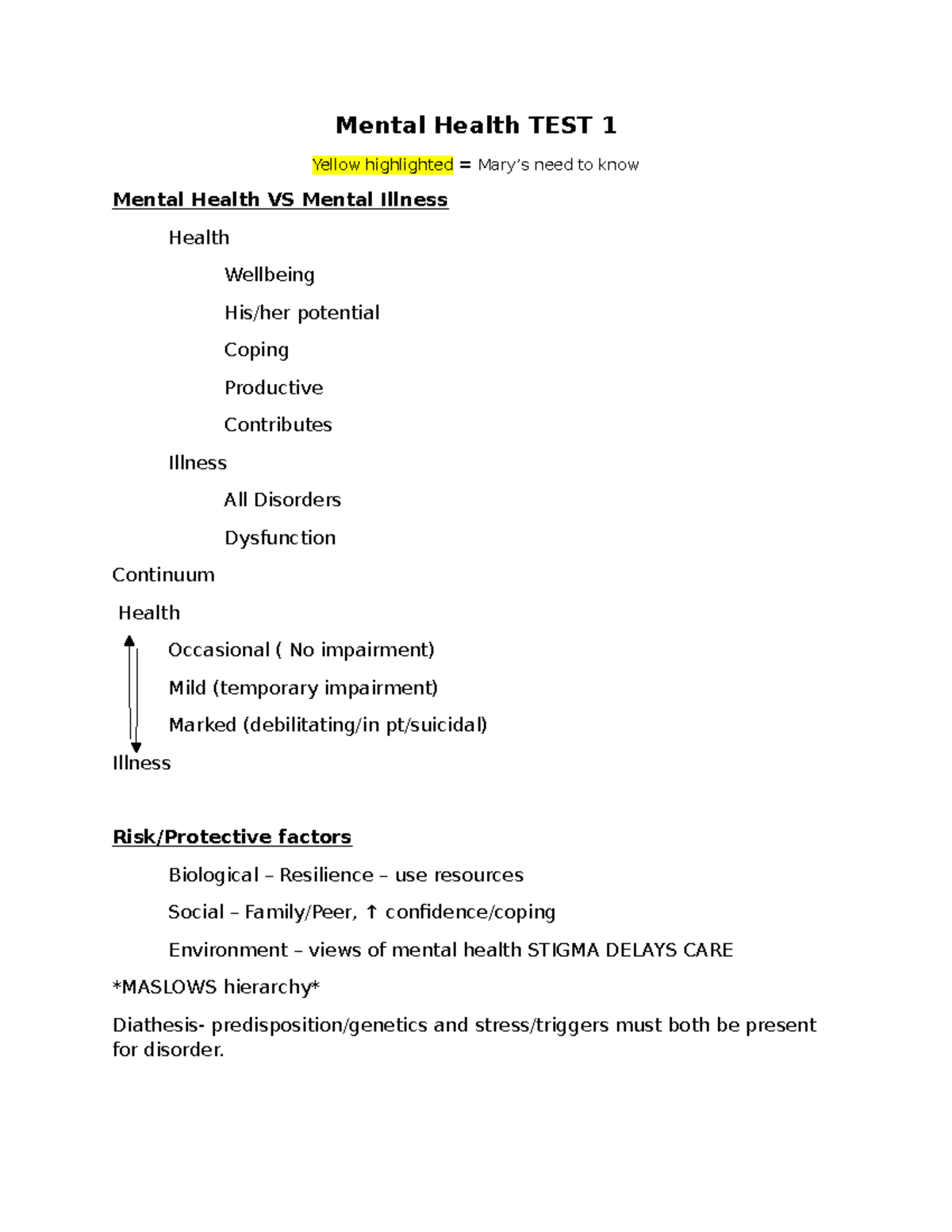 Test 1 Notes - Mental Health TEST 1 Yellow highlighted = Mary’s need to ...