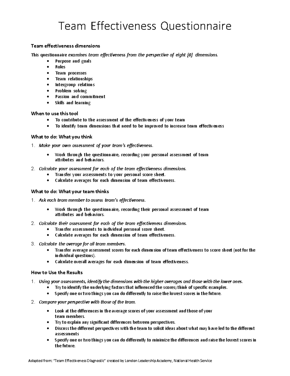 Team effectiveness questionnaire - Team Effectiveness Questionnaire ...