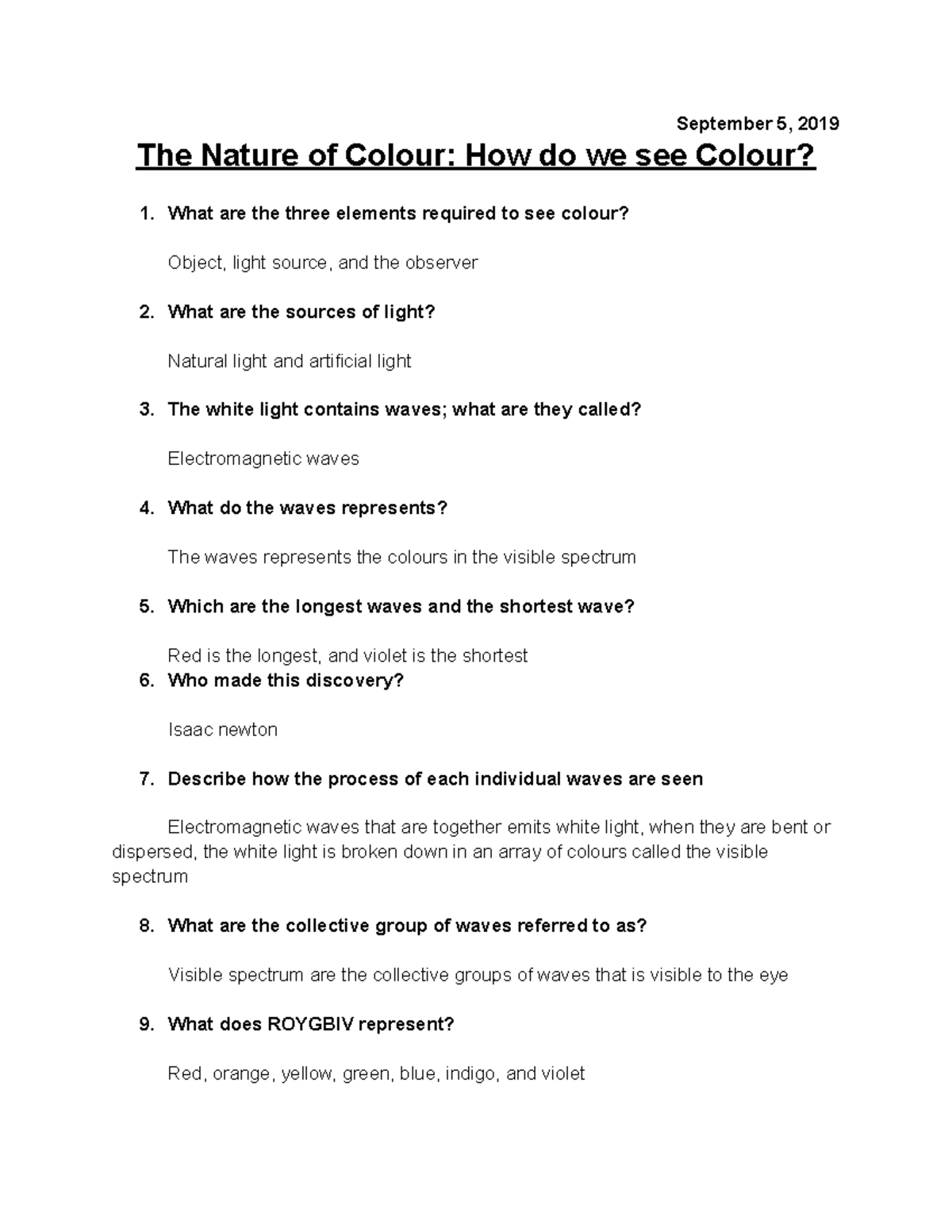 Chapter 1 The Nature of Colour: How do we see Colour Worksheet (with ...
