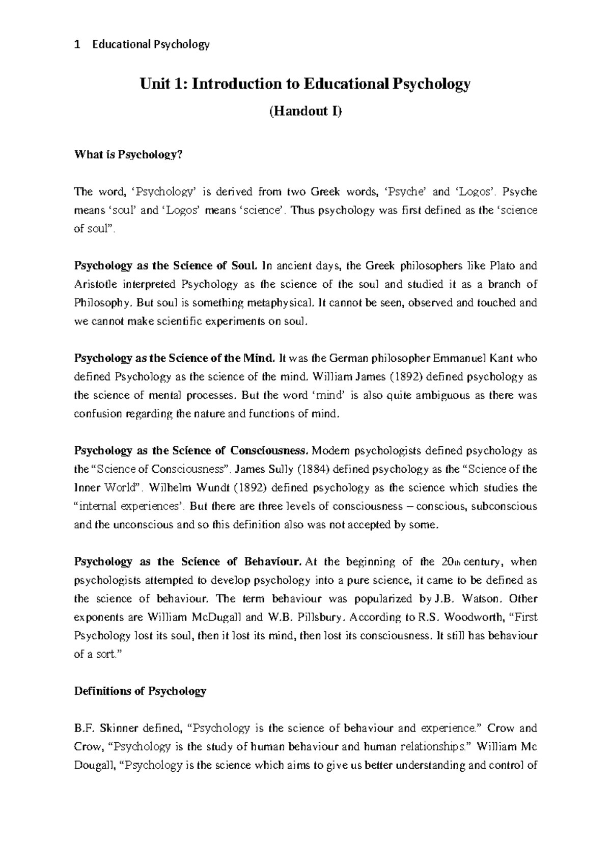 Psychology in Education Handout 1 Unit 1 Educational Psychology - Unit ...