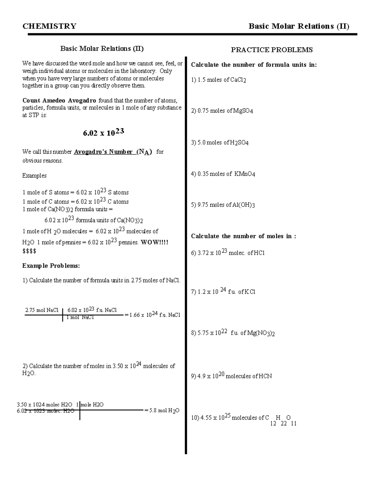 7 - Basic Molar Rel 2 4 - Assignment - 3 x 1024 molec H2O 1 mole H2O 6 ...