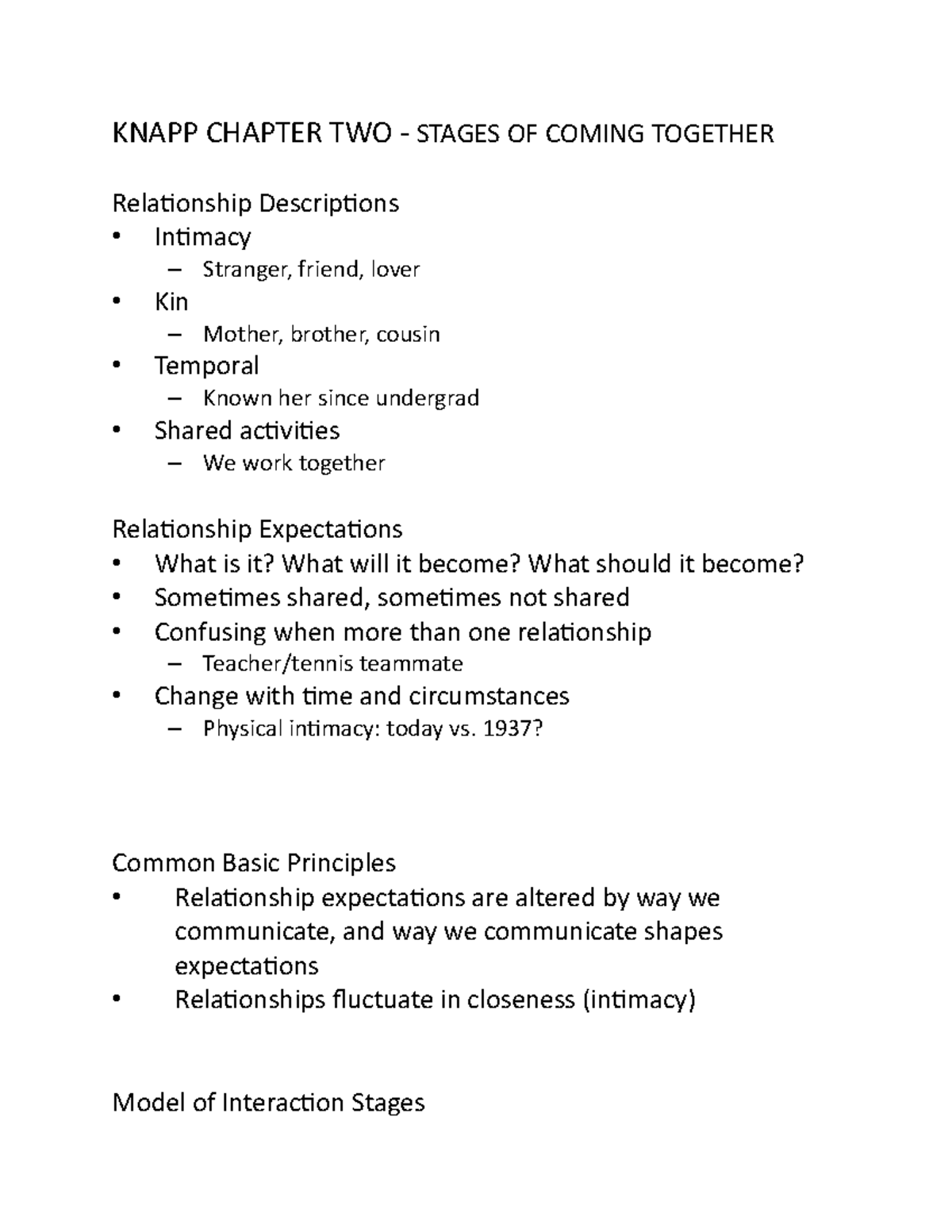 COM 302 chapter 2 - KNAPP CHAPTER TWO - STAGES OF COMING TOGETHER ...