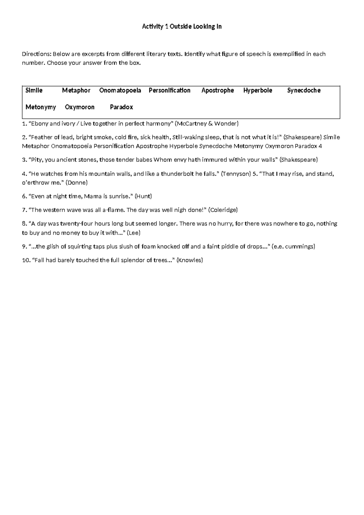 Creative Writing Activity - Activity 1 Outside Looking In Directions ...