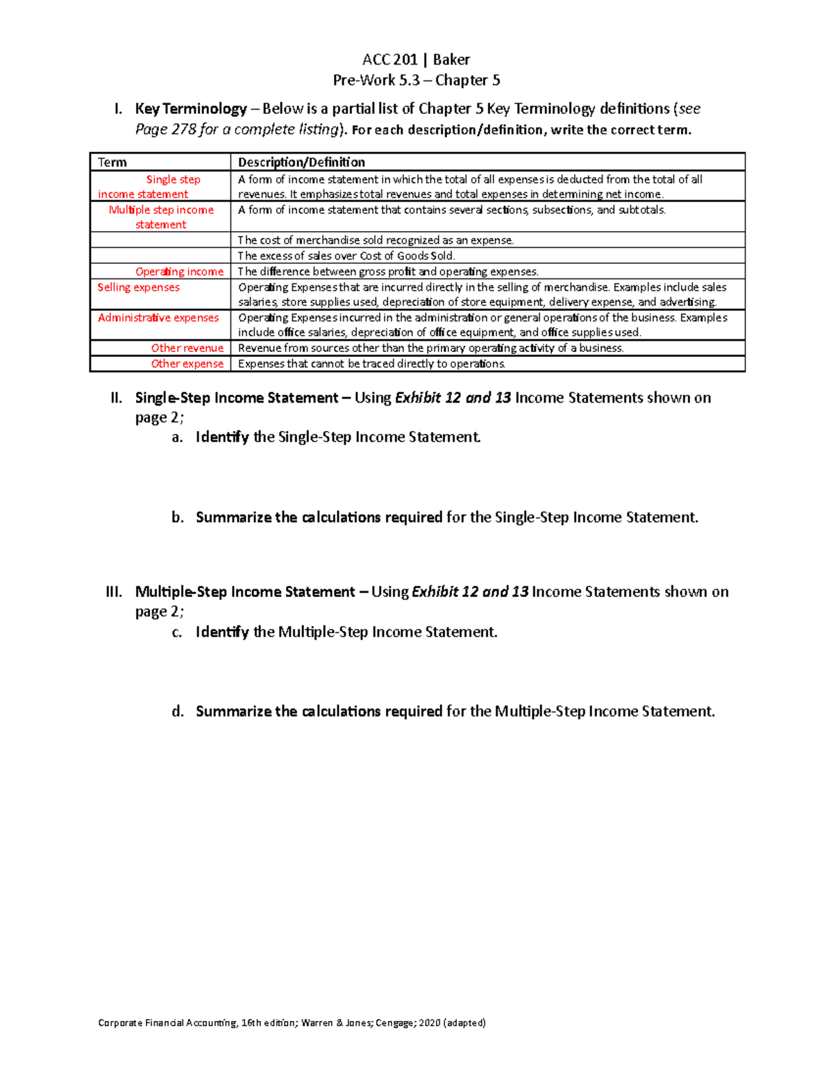 Pre Work 5.3 ACC 201 - Prework assignment - ACC 201 | Baker Pre-Work 5 ...