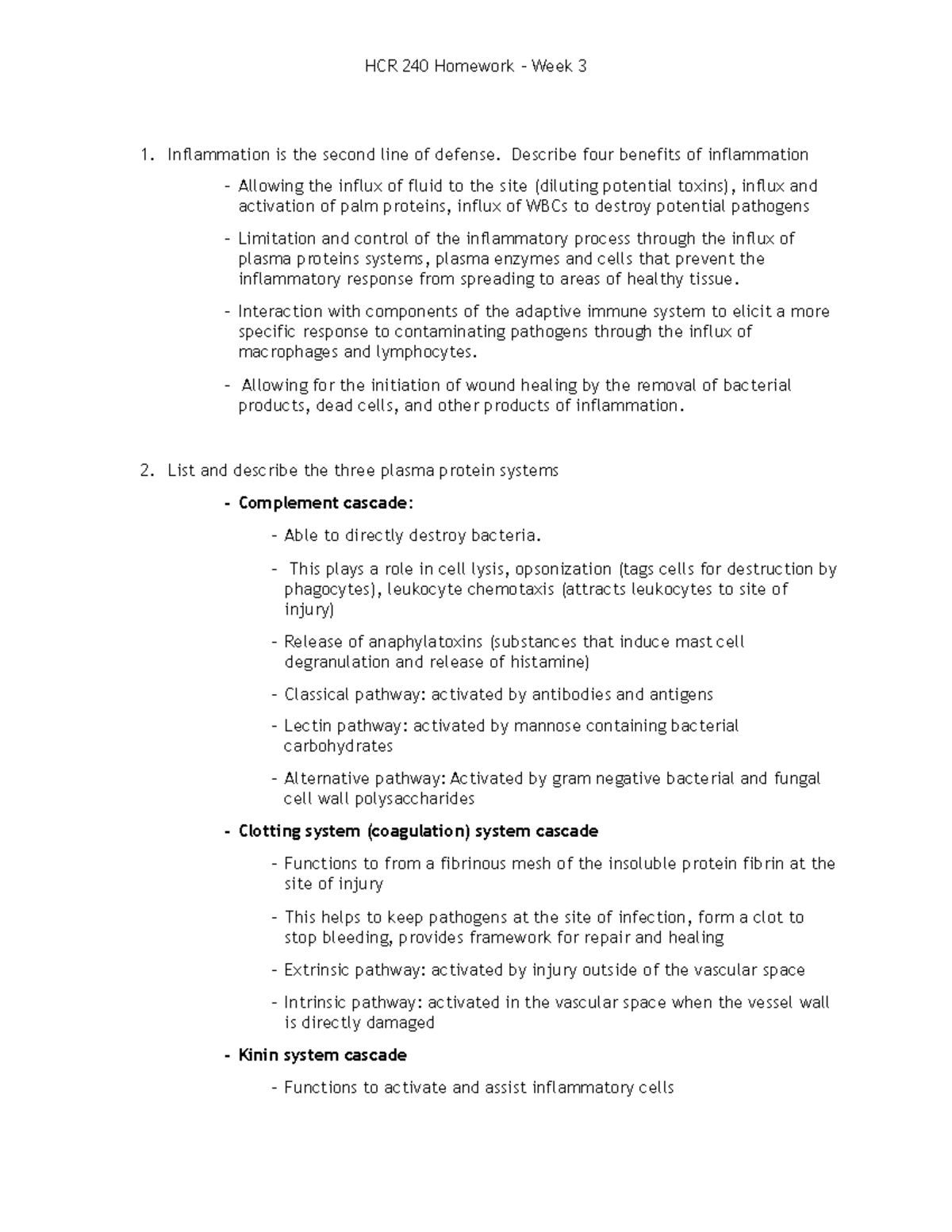 HCR 240 Homework Week 3 - Inflammation is the second line of defense ...