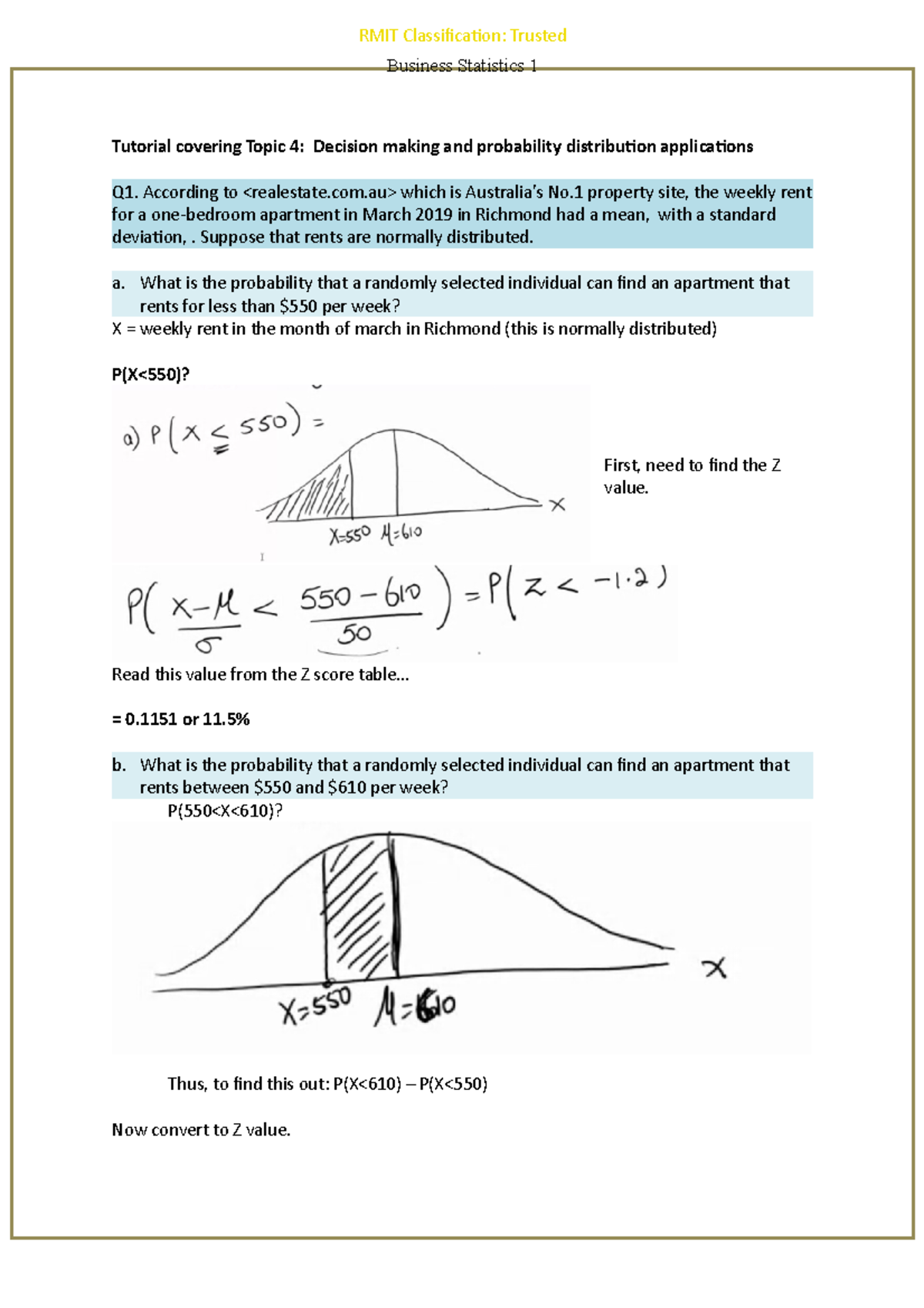 Tutorial week 5 covering Topic 4 - distribution applications - Business Statistics 1 Tutorial ...