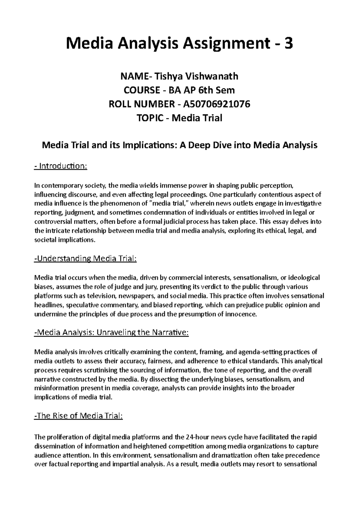 Media Analysis notes - Media Analysis Assignment - 3 NAME- Tishya ...