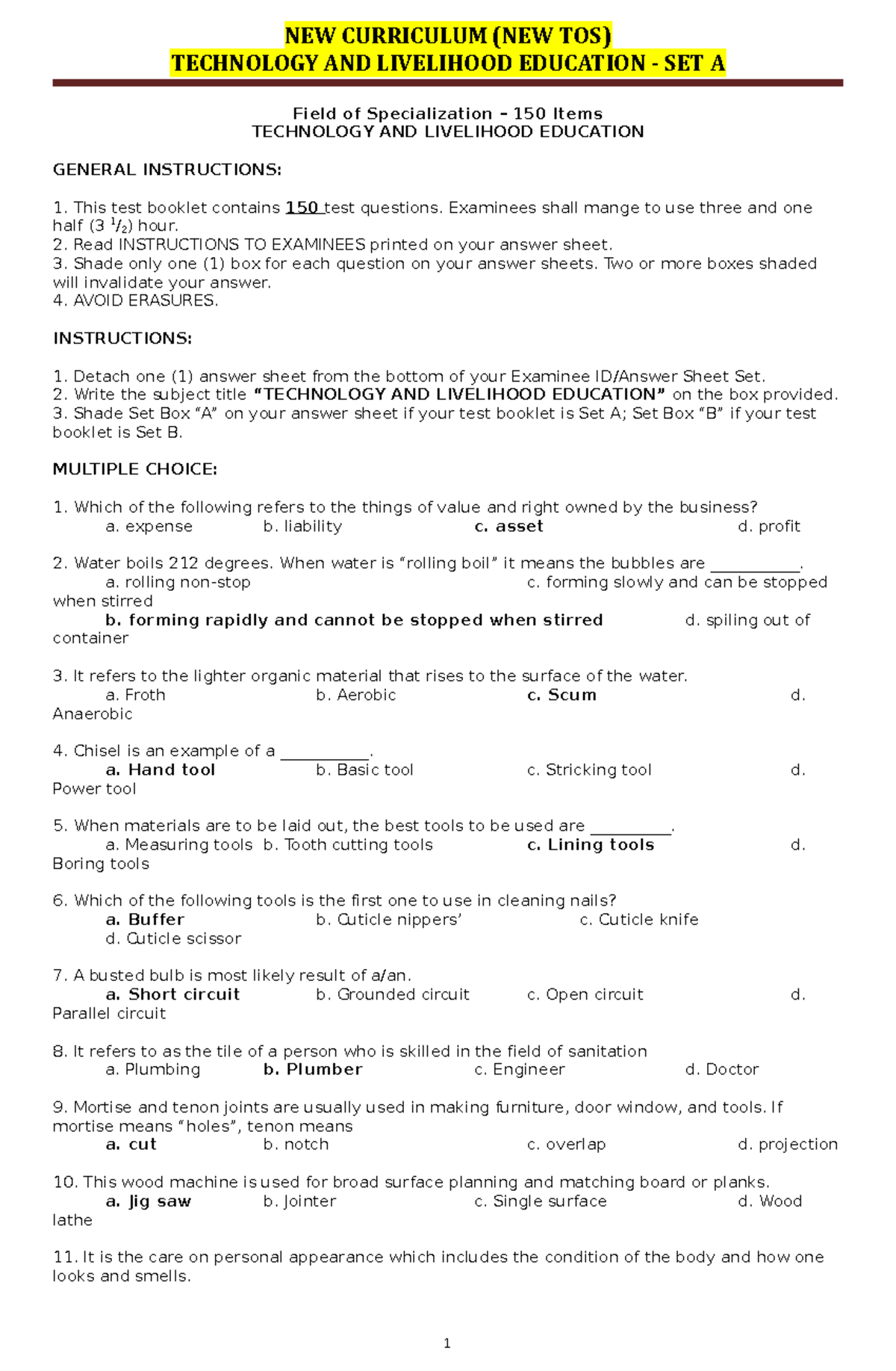 NEW TOS TLE Reviewer - None - TECHNOLOGY AND LIVELIHOOD EDUCATION - SET A Field of ...