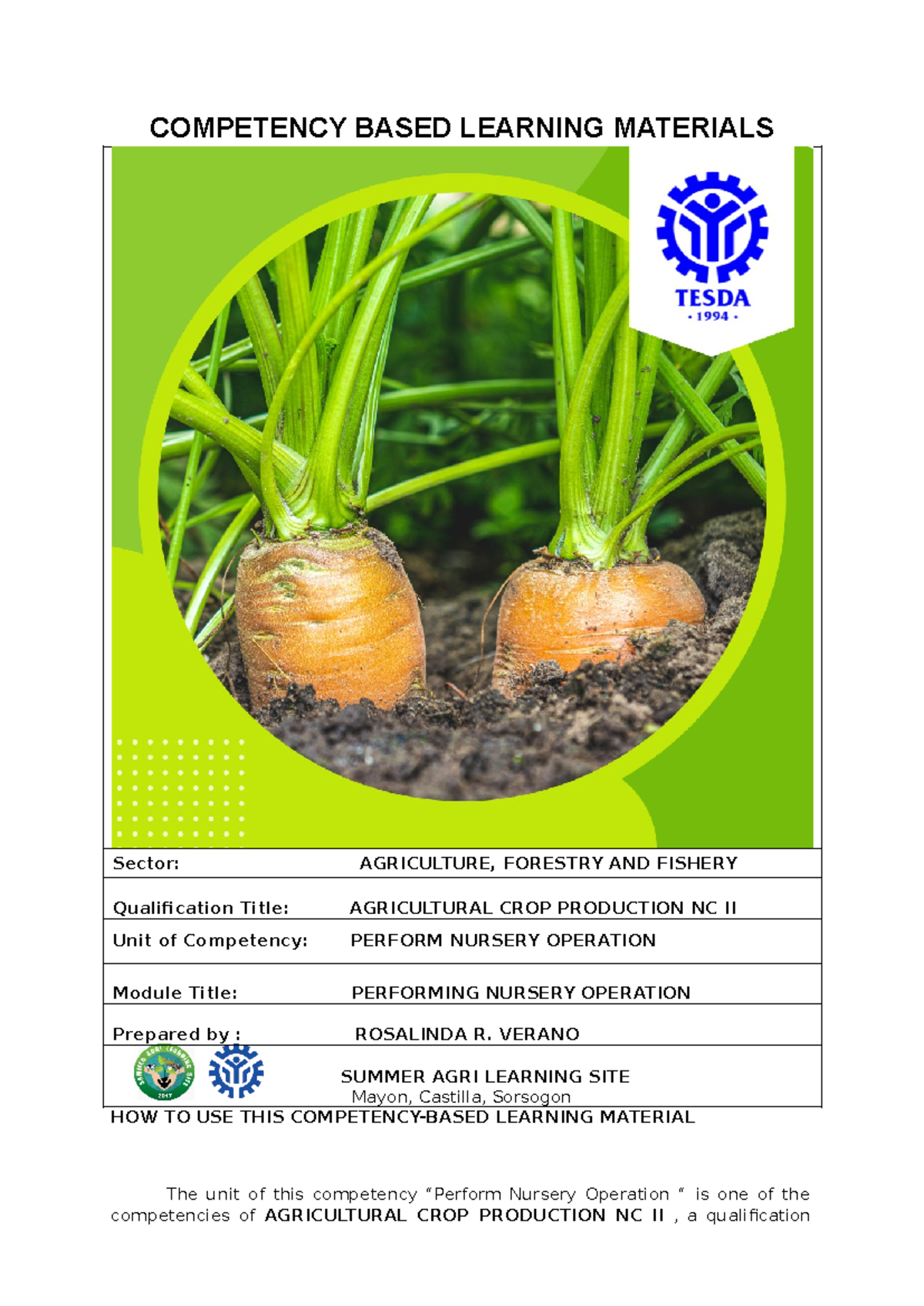 Perform Nursery Operations - COMPETENCY BASED LEARNING MATERIALS Sector: AGRICULTURE, FORESTRY ...