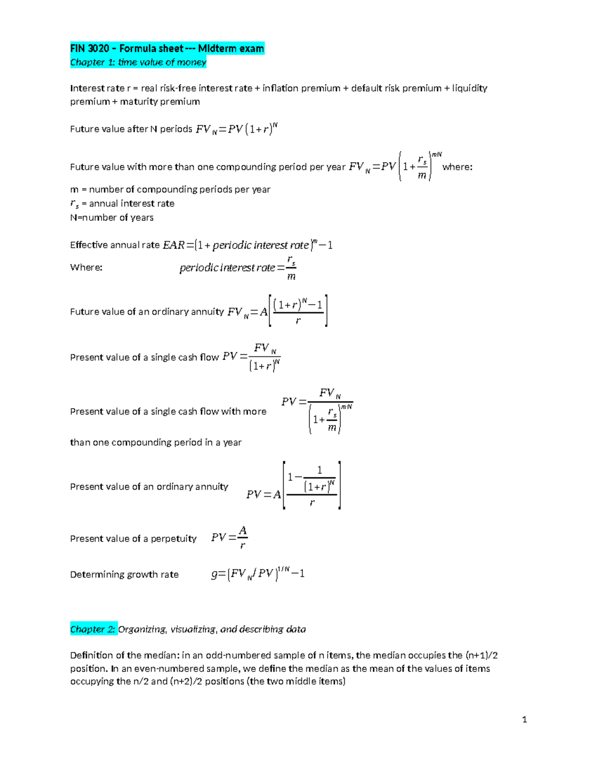 Formula midterm 2021 - helpful for studying in exams - FIN 3020 – Formula sheet - Midterm exam ...