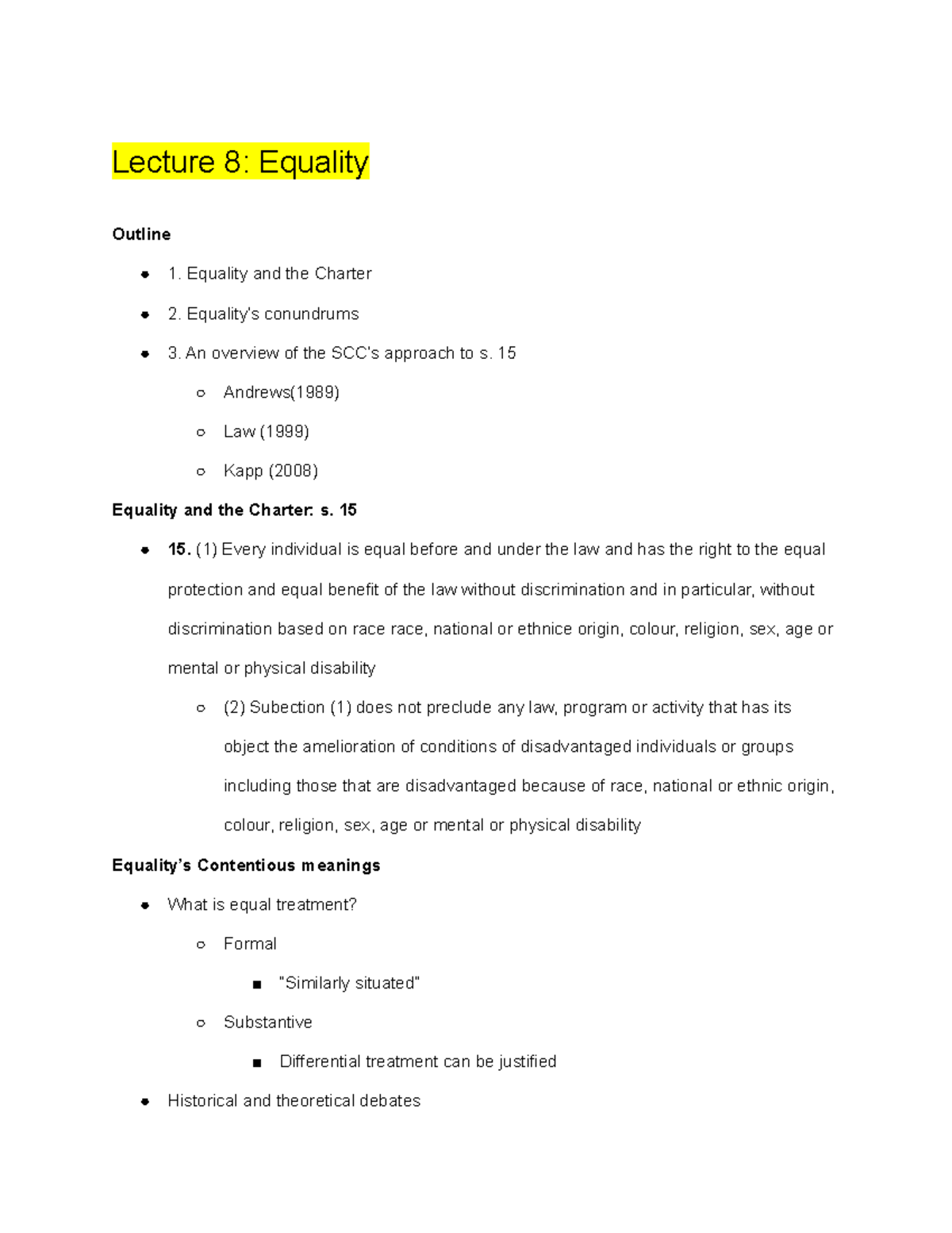 Lecture 8 Equality - Lecture 8: Equality Outline 1. Equality and the ...