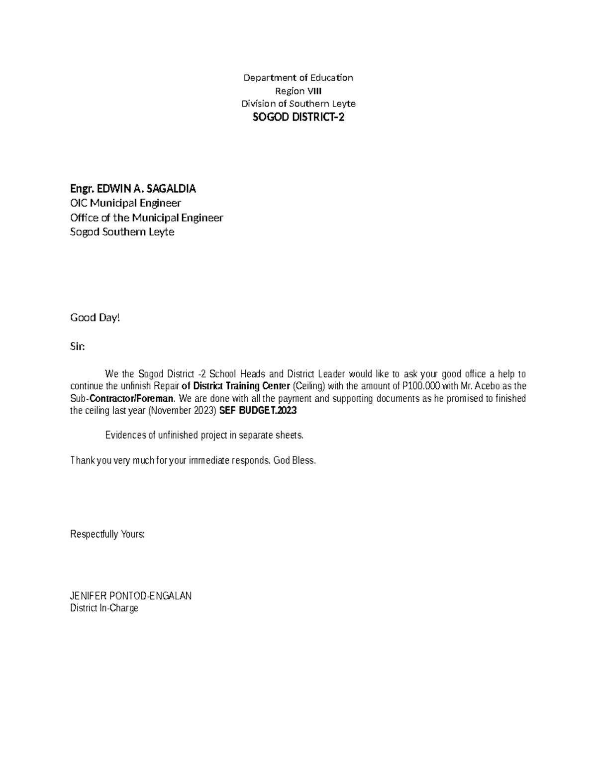 Letter - Department of Education Region VIII Division of Southern Leyte ...
