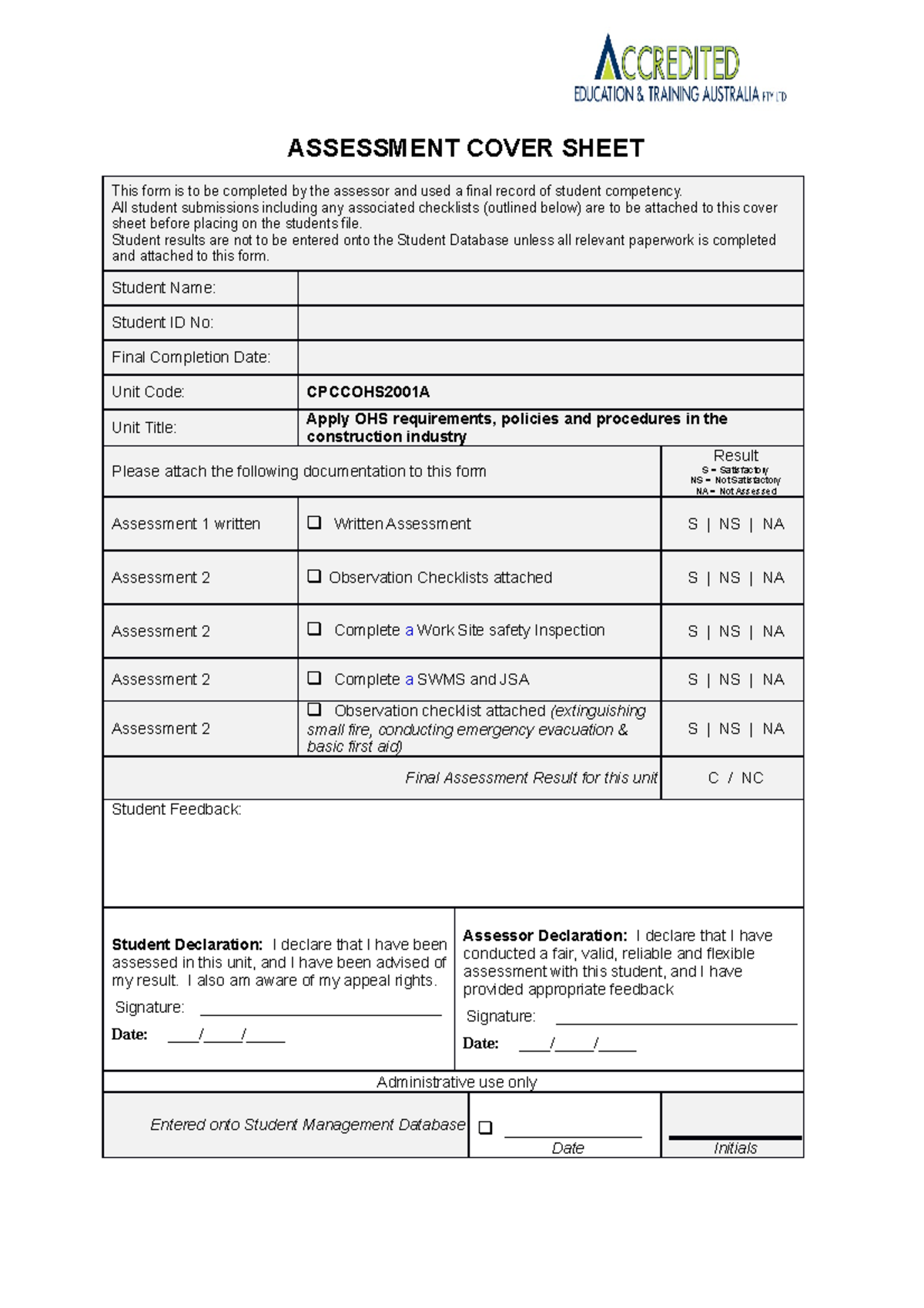 Cpccohs 2001 A -student assessment - ASSESSMENT COVER SHEET This form ...