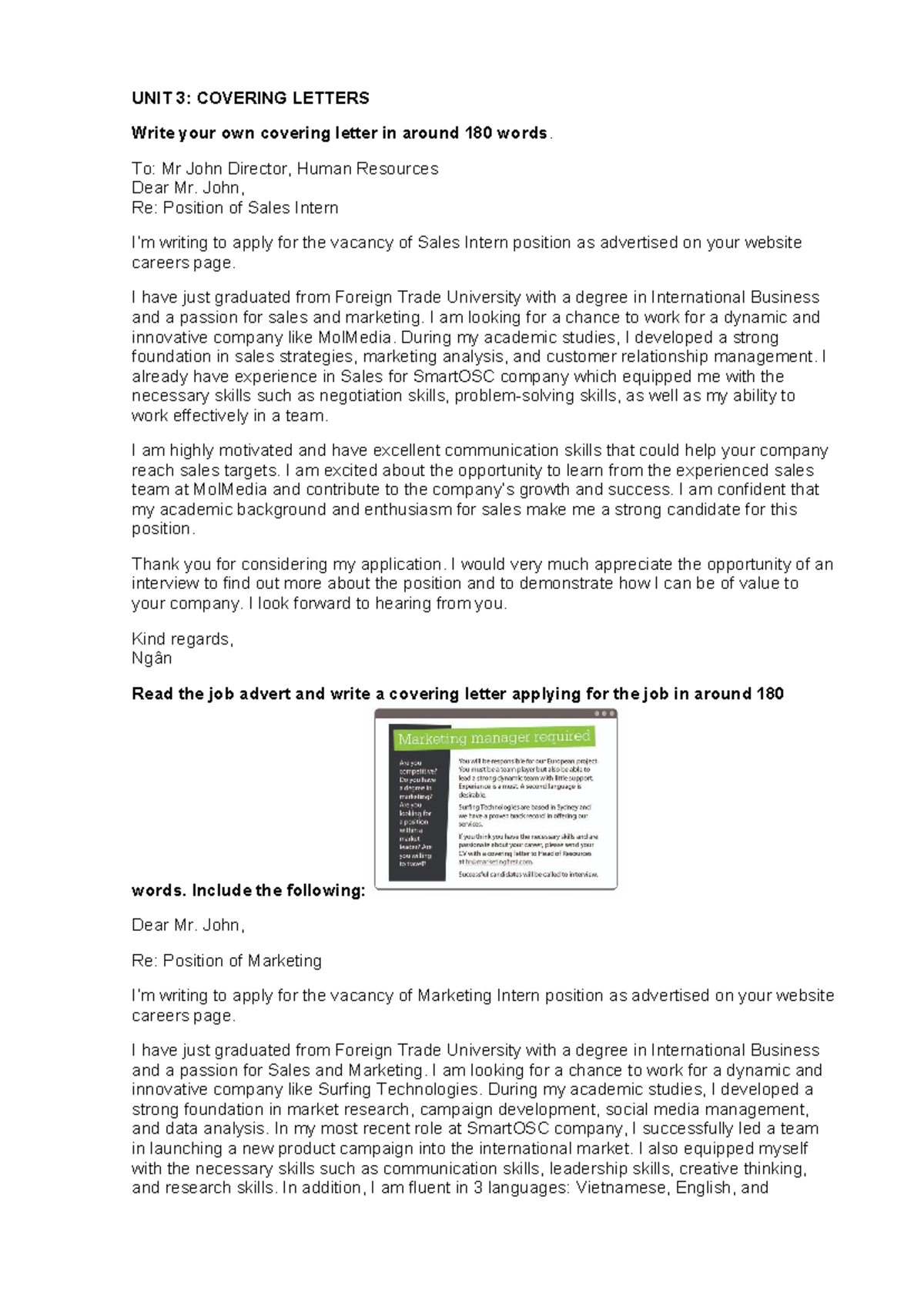 Writing bp b1+ unit 3 - UNIT 3: COVERING LETTERS Write your own ...