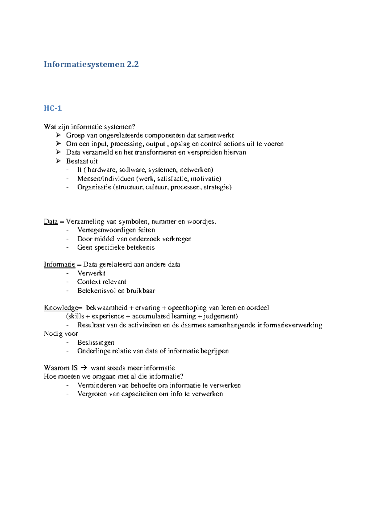 Aantekeningen Informatiesystemen, college 1-8 - Informatiesystemen 2 ...