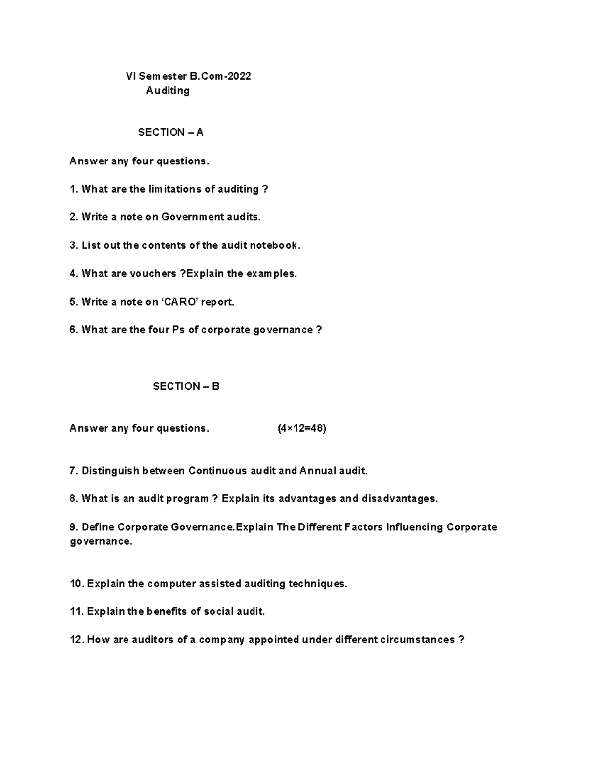 Audting - question paper - VI Semester B- Auditing SECTION – A Answer ...
