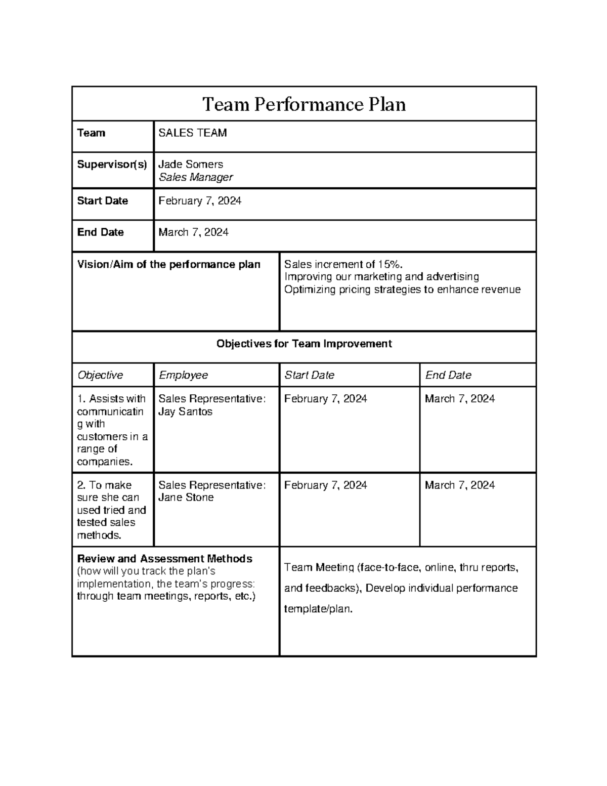 Team Performance Plan Template - Team Performance Plan Team SALES TEAM ...