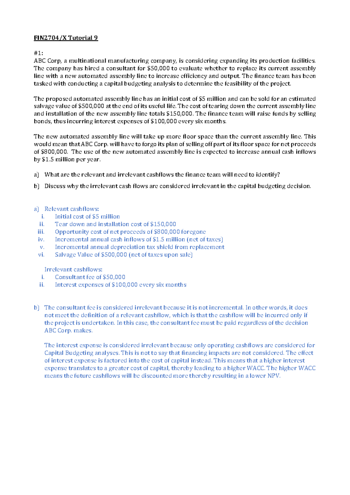 FIN2704 AY23-24 Sem2 Tutorial 9 Solutions - FIN2704/X Tutorial 9 # 1 ...