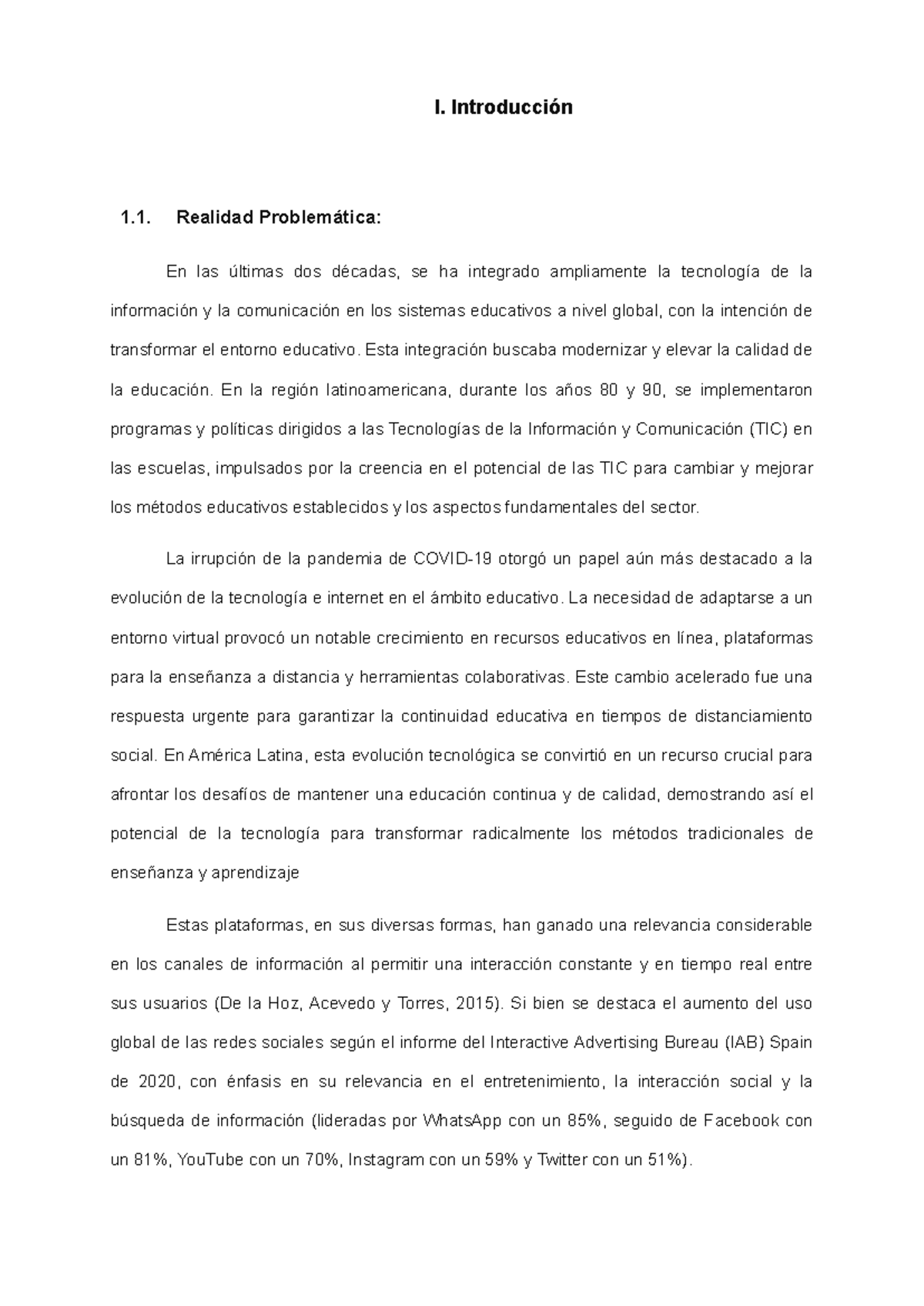 Intro - I. Introducción 1. Realidad Problemática: En las últimas dos ...