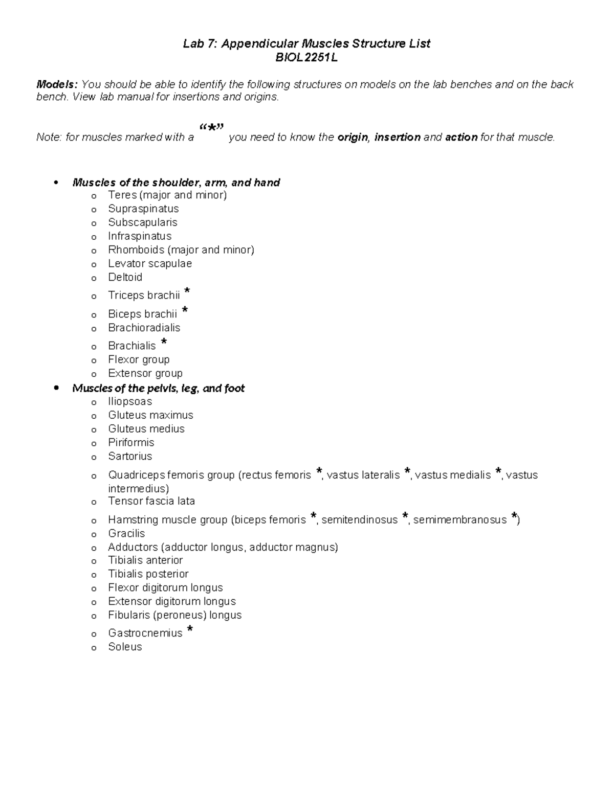 Lab 7 - Appendicular Muscles Structure List - F24 - Lab 7: Appendicular ...
